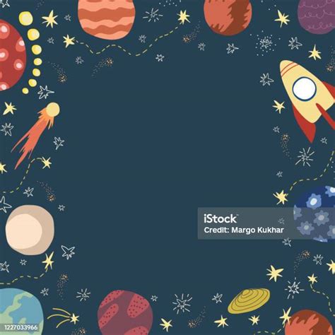 스칸디나비아 스타일의 공간 인사말 카드입니다 손으로 그린 공간 로켓 별 행성 혜성 아이들은 텍스트를위한 공간으로 프레임 파란색 배경에 벡터 그림입니다 우주에 대한 스톡 벡터