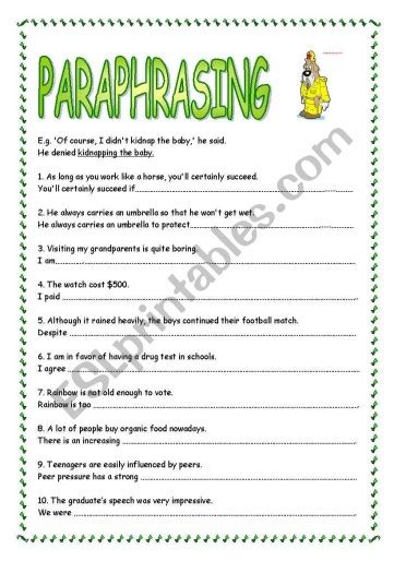 Paraphrasing Skills Worksheet