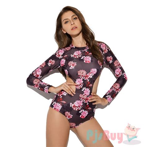Long Sleeve Rash Guard Women One Piece Floral Swimsuits Bathing Suits