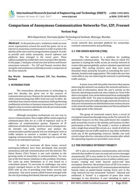 Comparison Of Anonymous Communication Networks Tor I2p Freenet Pdf