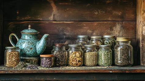 A Rustic Herbal Tea Blending Setup With Jars Of Dried Herbs And A Stock