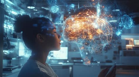 A Woman Interacts With A Glowing Digital Brain Exploring The