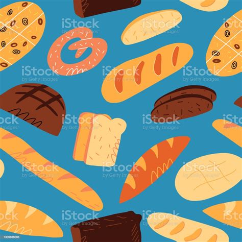 다양한 전통 프랑스 이탈리아어 및 다른 빵 소타르귀여운 원한 패턴 직물 직물 포장지 및 기타 인쇄 및 디자인에 대한 파란색 배경에 만화 벡터 그림 건강한 식생활에 대한 스톡