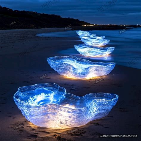 Ai创作图立体户外艺术灯景 Led创意灯光小品 水边装置艺术设计 鱼群灯造型 水上装饰灯 创意灯光造形 创意彩灯设计 彩灯创意设计 海滩夜景灯光 仿生琉璃灯 海边造型设计 大海碗雕塑 唯美灯光