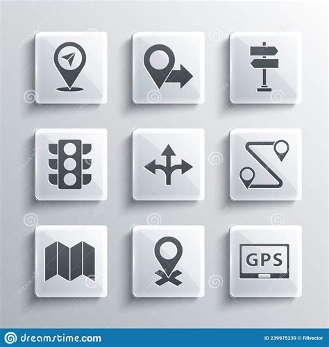 Set Location Gps Device With Map Route Location Road Traffic Sign Folded Traffic Light And