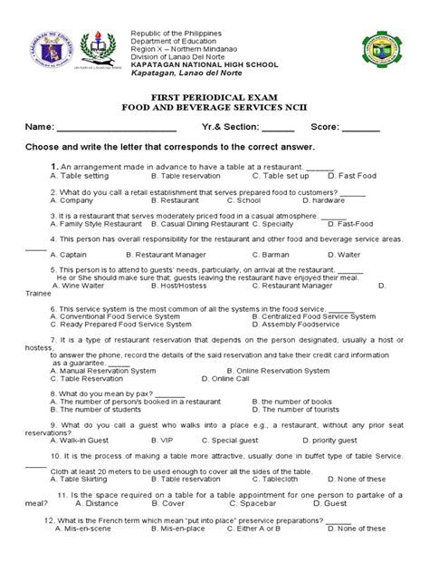 1st Quarter Exam In Fbs Pdf Restaurants Foodservice