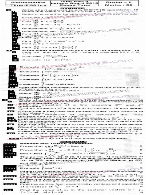 Past Papers Lahore Board 2018 Inter Part 2 Mathematics Group 2 English Subjective Pdf