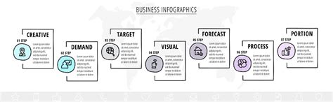 7개의 직사각형과 원이 있는 비즈니스 벡터 인포그래픽 다이어그램 순서도 배너 프리젠테이션 웹을 위한 7단계 및 사각형이 있는 타임라인 시각화 인포그래픽에 대한 스톡 벡터