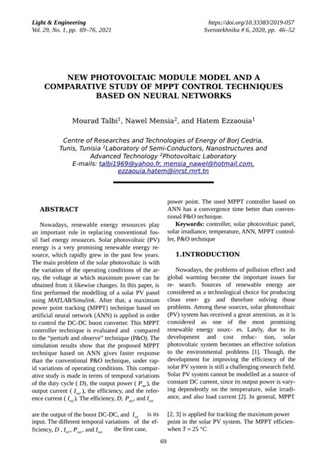 PDF New Photovoltaic Module Model And A Comparative Study Of MPPT Control Techniques Based On