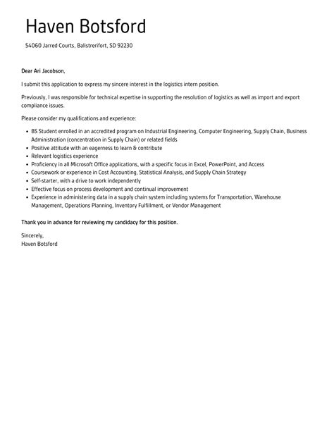 Logistics Intern Cover Letter Velvet Jobs
