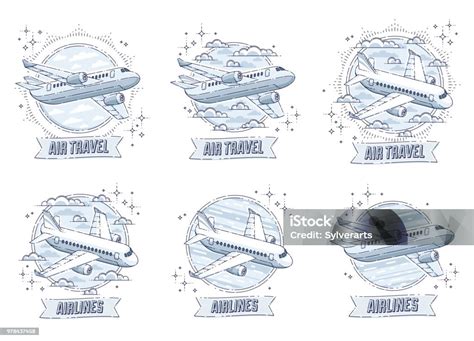 둥근 모양으로 비행기 정기 여객기 및 입력으로 리본 항공사 항공 여행 엠 블 럼 또는 일러스트 세트 아름 다운 얇은 라인 벡터 흰색 배경 위에 격리 설정 스 3차원 형태에