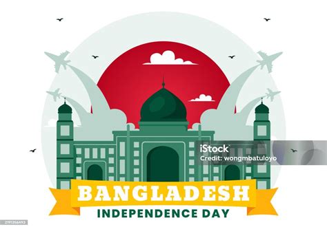 방글라데시 독립 기념일 벡터 일러스트 레이 션은 3 월 26 일 축하 와 함께 깃발을 흔들고 국립 기념물 축제 평면 만화 배경 Flag Of Bangladesh에 대한 스톡
