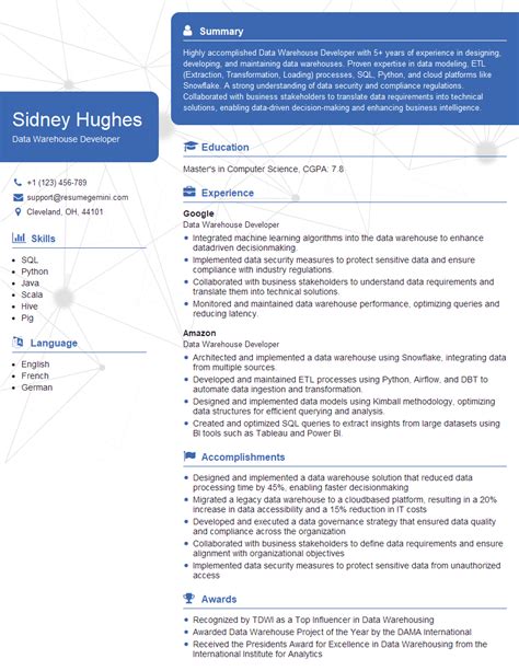 Data Warehouse Developer Resume Template Resumegemini Online Resume Builder
