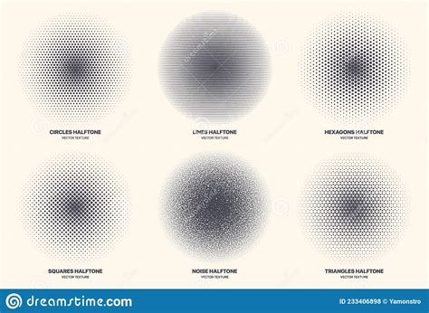 Different Variations Halftone Textures Set Vector Abstract Circular Pattern Stock Vector