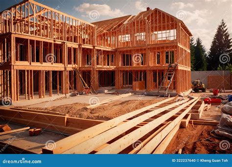 Construction Of New Residential House Building Framework Work Site Stock Illustration