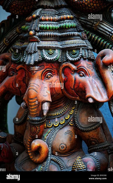 Hindu Elephant God Lord Ganesha Three Headed Coloured Temple Wooden