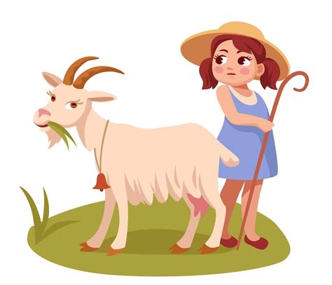 Serious Cute Girl Herding A White Goat Goat Chewing Grass Premium Vector