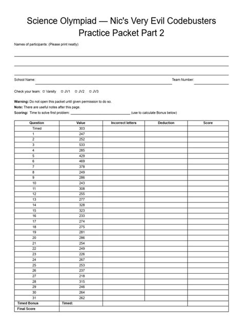 science olympiad codebusters aristocrat practace test pdf