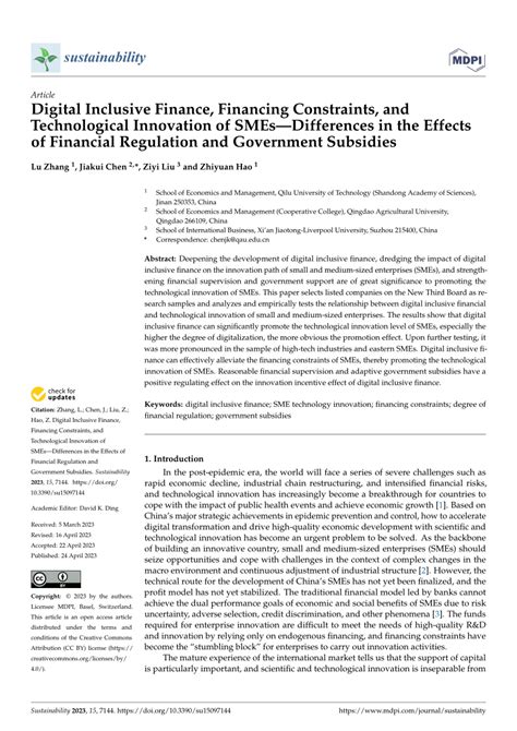 Pdf Digital Inclusive Finance Financing Constraints And Technological Innovation Of Smes