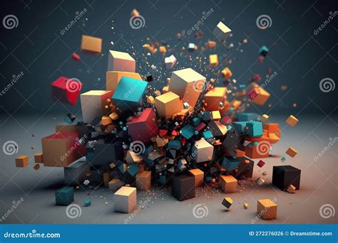 Abstract D Rendering Of Chaotic Particles Colored Cubes In Empty Space Stock Illustration