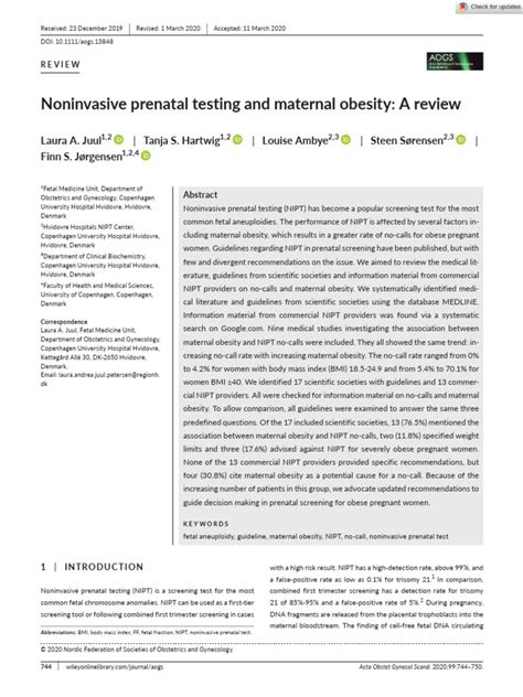 Noninvasive Prenatal Testing And Maternal Obesity A Review Pdf Body Mass Index Obesity