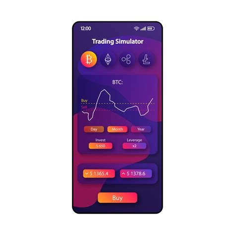 BTC Trading Simulator Smartphone Interface Vector Template Mobile App Page Violet Design Layout