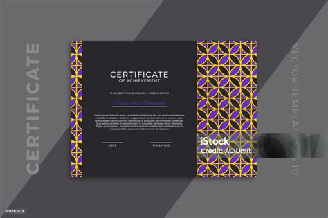 졸업 또는 과정 완료를위한 트렌디 한 비즈니스 디플로마 모형 현대적인 최소한의 기하학적 패턴을 가진 감사의 수평 인증서 어두운