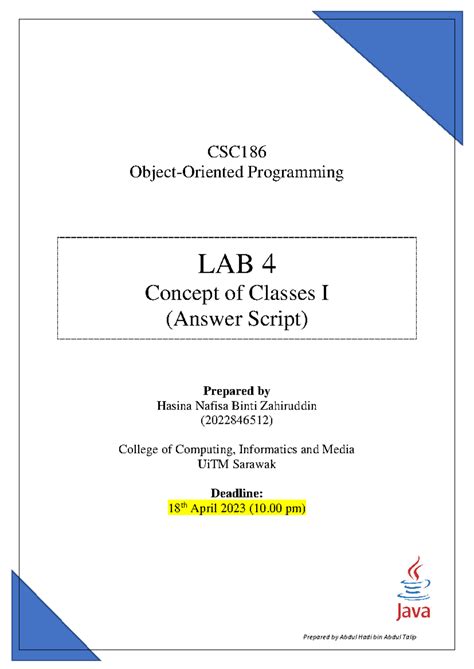 Lab 4 Concept Of Classes I Csc1 86 Object Oriented Programming Lab 4