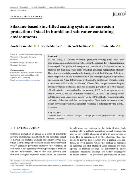 Pdf Silazane‐based Zinc‐filled Coating System For Corrosion Protection Of Steel In Humid And