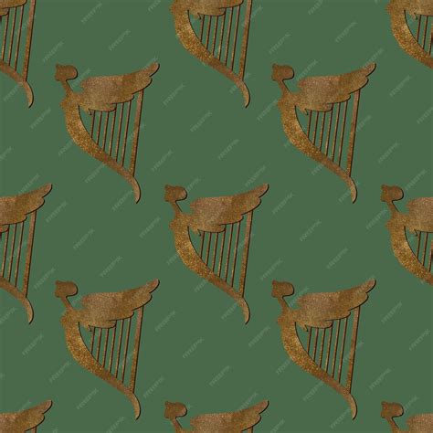 Arpa Celta Dorada Con Una Silueta Femenina Patrón Sin Costuras Con Símbolos De Papel De