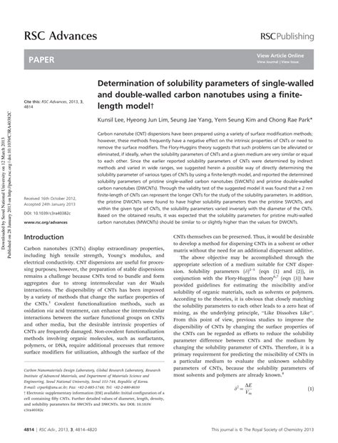 Pdf Determination Of Solubility Parameters Of Single Walled And