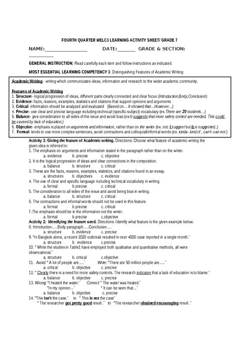 Fourth Quarter Melc1 Learning Activity Sheet Fourth Quarter Melc1 Learning Activity Sheet