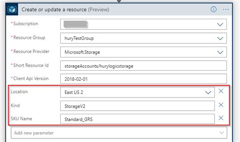 Azure Invalid Resource Message While Trying To Create A Storage Account In Logic Apps