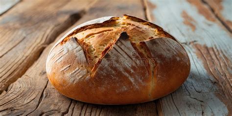 A Loaf Of Freshly Baked Bread On A Wooden Surface With Visible Texture