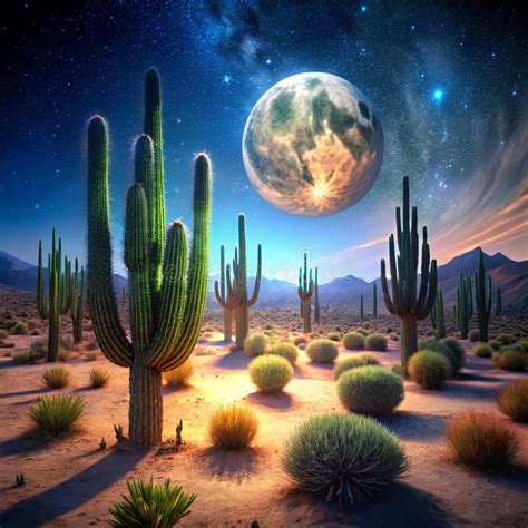 Desert Landscape At Night Under A Large Moon Cactus Stock Illustration
