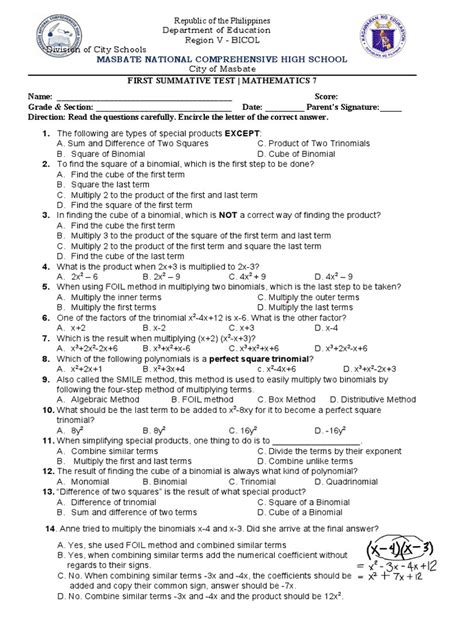 Summative Test 1 Grade 7 Q3 Pdf Polynomial Mathematical Analysis