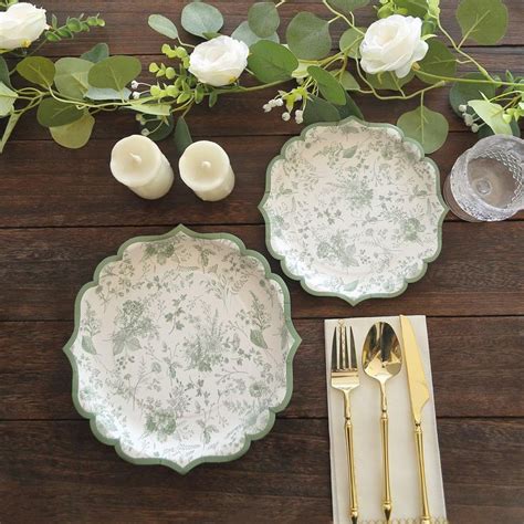 Efavormart 25 Pack White Sage Green Floral Leaf Print Dinner Paper Plates