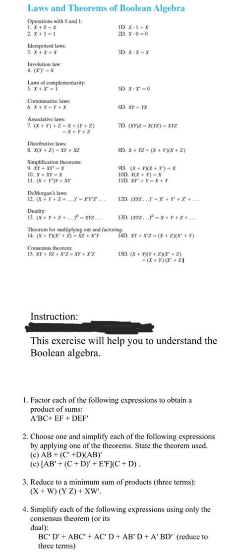 Solved Laws And Theorems Of Boolean Algebra Operations With Chegg