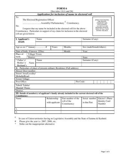 FORM 6 Application For Inclusion Of Name In Electoral Roll