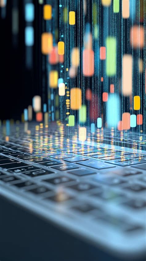 Colorful Data Streams Cascading Over Laptop Keyboard Visualizing Digital Information Processing