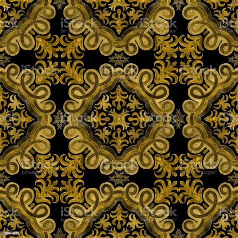 검은 색 배경에 황금 꽃 다마스크 매끄러운 패턴을 그린 수채화 손으로 그린 금 두루마리 잎 가지가 있는 타일 0명에 대한 스톡 벡터 아트 및 기타 이미지 Istock