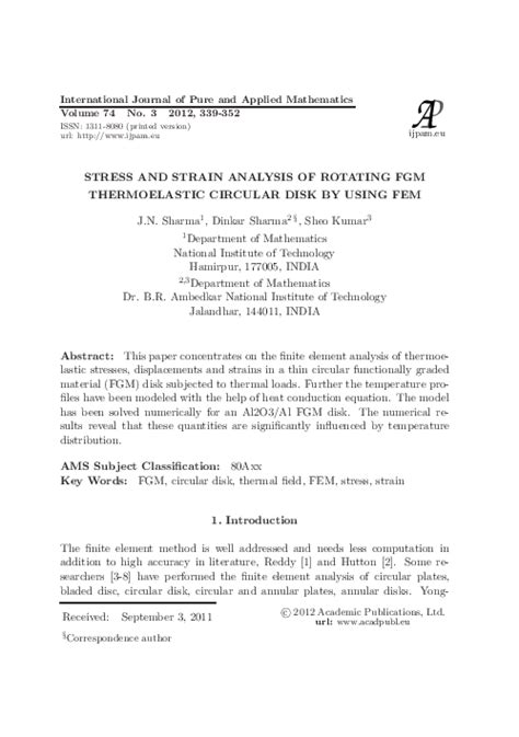 Pdf Stress And Strain Analysis Of Rotating Fgm Thermoelastic Circular Disk By Using Fem