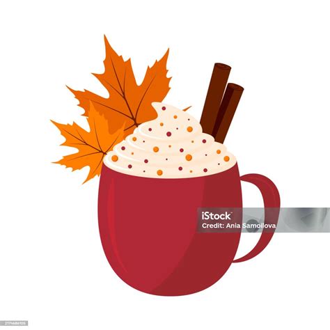 호박 스파이스 라떼 커피 머그잔 단풍잎 가을 인사말 카드 디자인 거품 크림 계피를 곁들인 계절의 따뜻한 음료 벡터 일러스트 레이