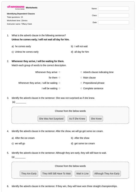 50 Dependent Clauses Worksheets On Wayground Free And Printable