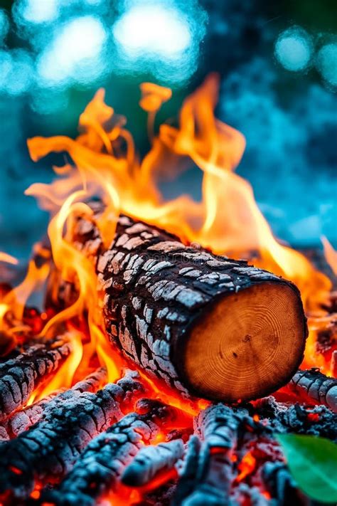 A Close Up Of A Fire With A Log On Top Of It Stock Image Image Of
