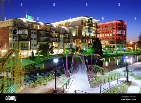 Greenville South Carolina At Falls Park In Downtown At Night Stock
