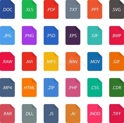 list of document file types and extensions set of pdf doc xls zip stock illustration