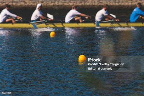 경기 중 스컬링을 하는 조정 팀 선수들 조정 운하에서 카약 보트 경주 여름 화창한 날의 레가타 강에서 훈련하는 카누 수상 스포츠 팀 Championship에 대한 스톡 사진