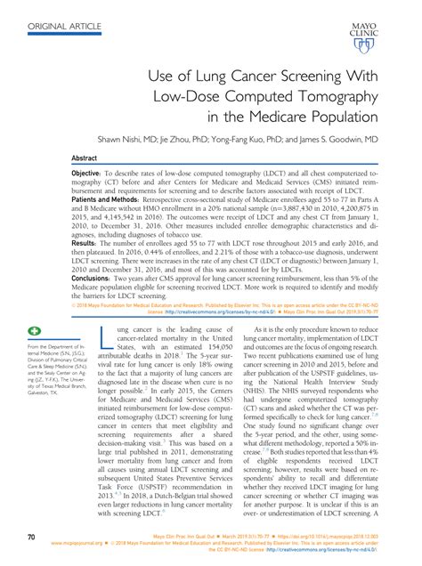 Pdf Use Of Lung Cancer Screening With Low Dose Computed Tomography In The Medicare Population