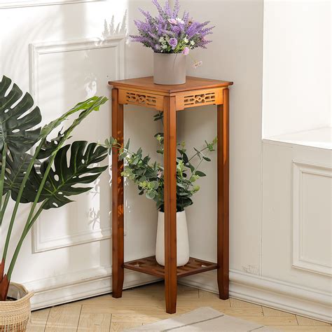 Bamboo Wooden 2 Layer Plant Flower Storage Square Shelf Bonsai Display